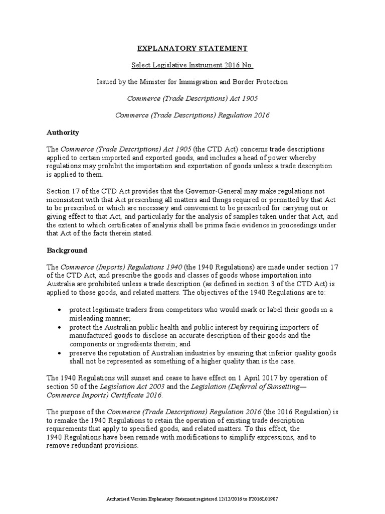 Commerce (Trade Descriptions) Act 1905 Commerce (Trade Descriptions ...