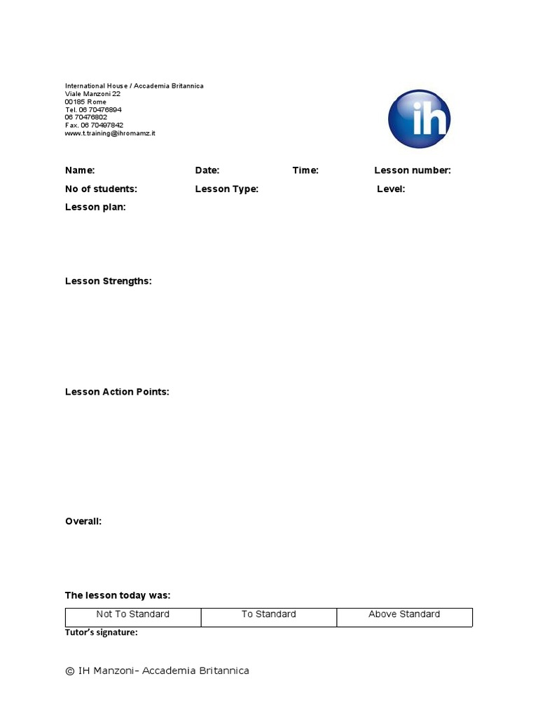 Name: Date: Time: Lesson Number: No of Students: Lesson Type: Lesson ...