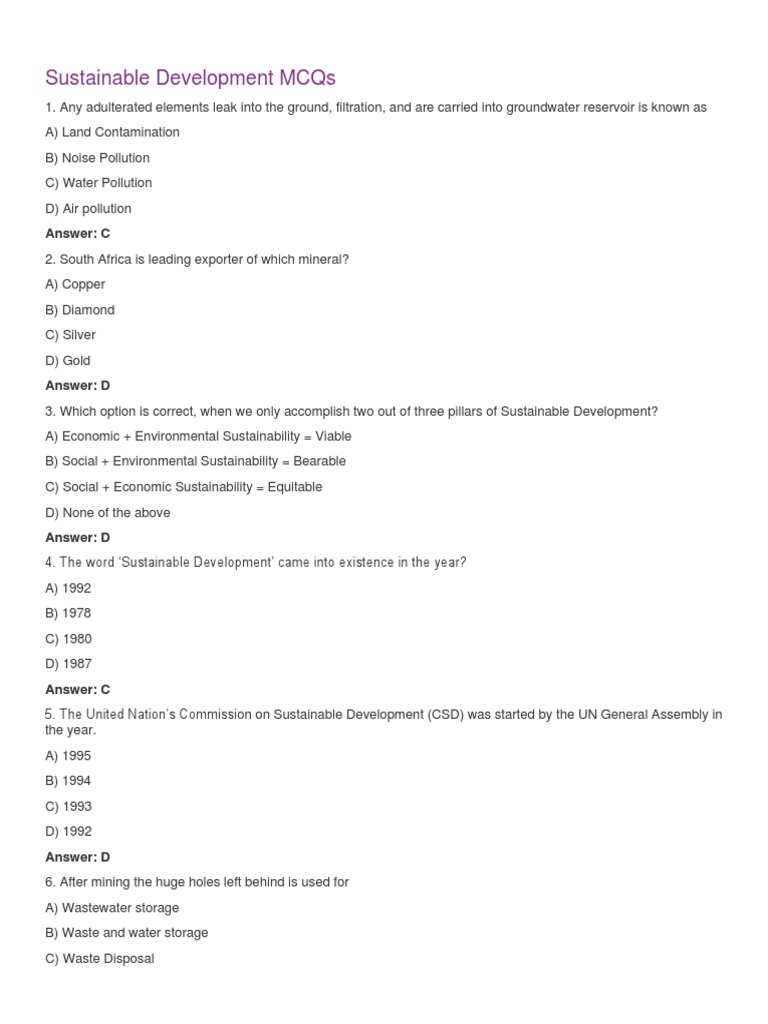 Sustainable Development MCQs and Answers | PDF | Sustainability ...