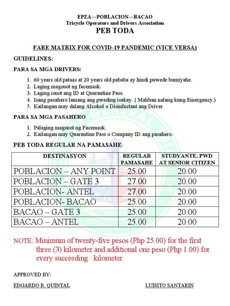 Guidelines and Revised Fare Matrix for Tricycle Operations in EPZA ...