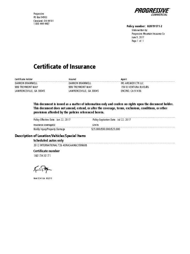 Progressive Insurance Certificate Overview | PDF | Private Law ...