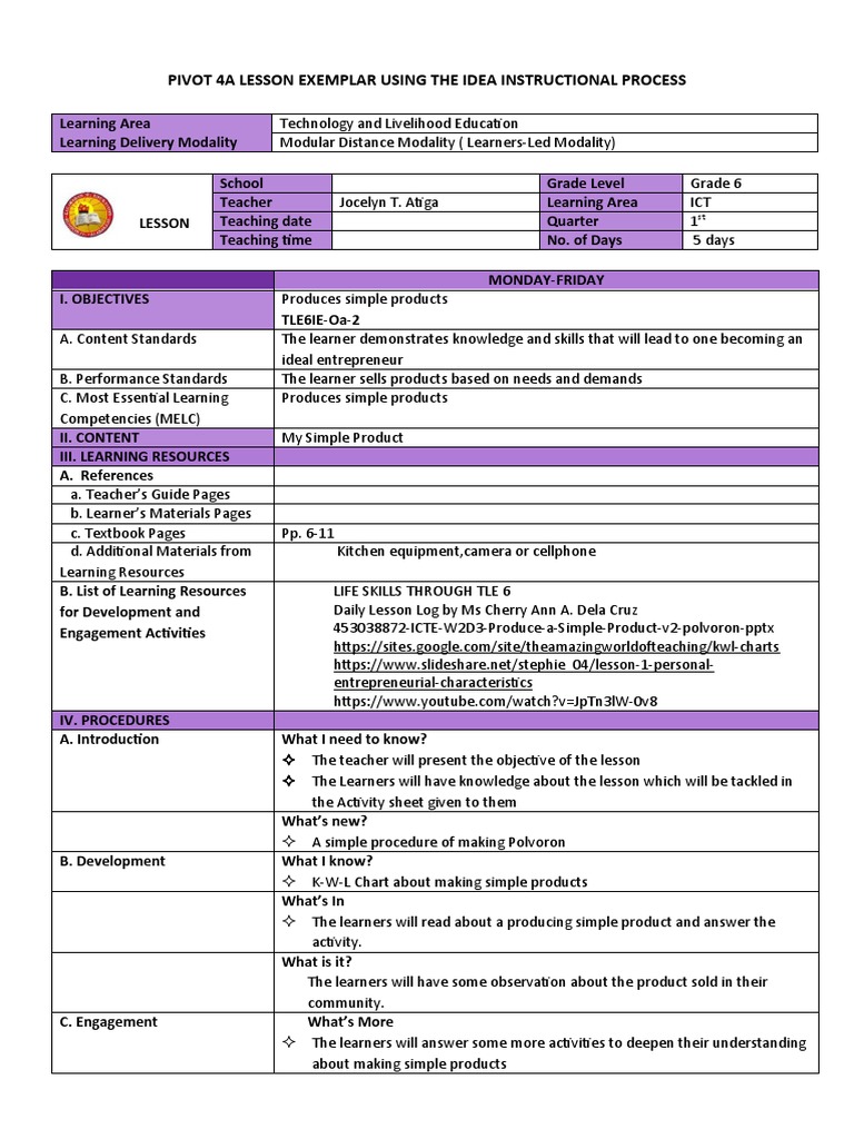 Pivot 4A Lesson Exemplar Using The Idea Instructional Process PDF 