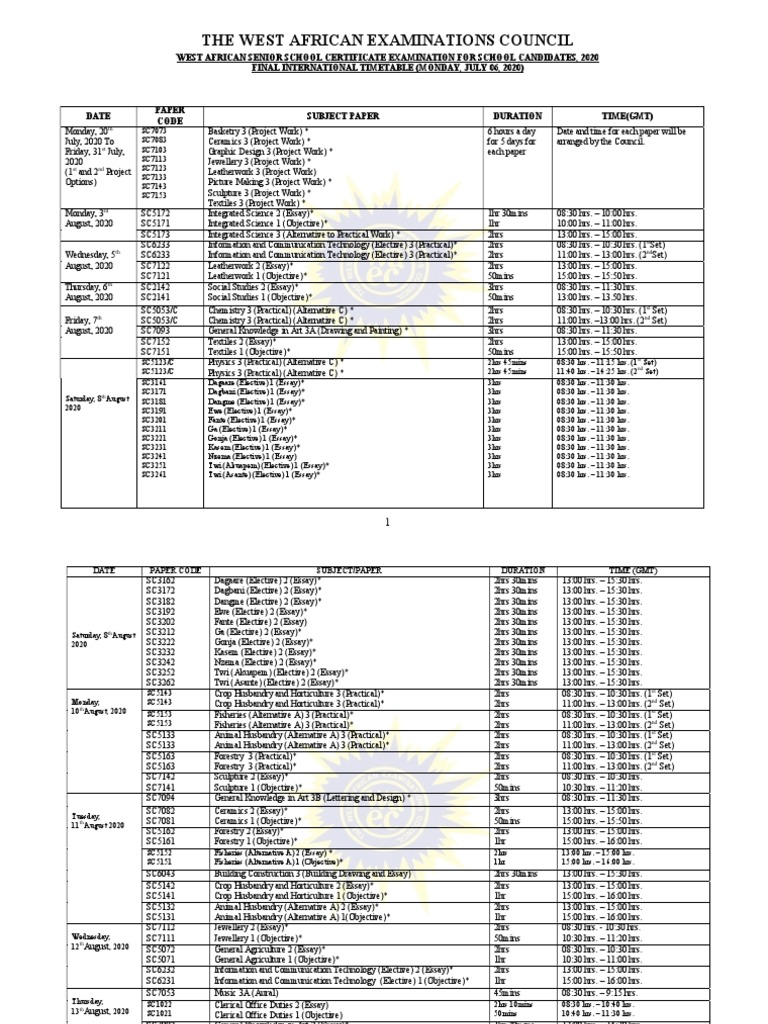 Wassce School 2020 Timetable | PDF | Technical Drawing