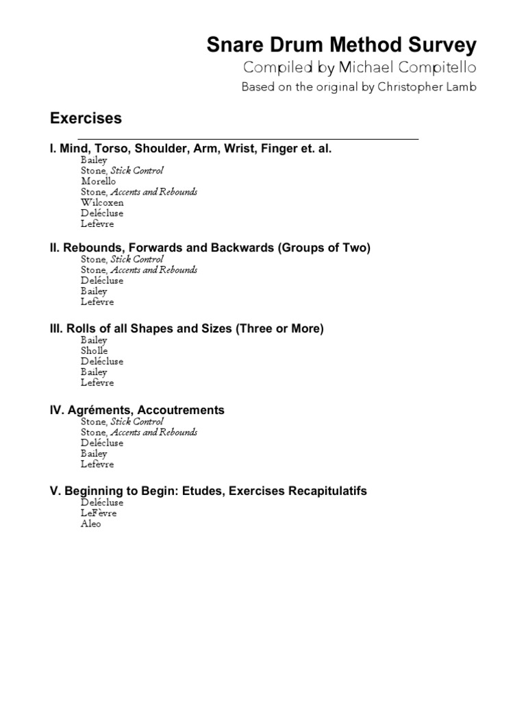 Snare Drum Method Survey: Exercises | PDF | Musical Notation | Elements ...
