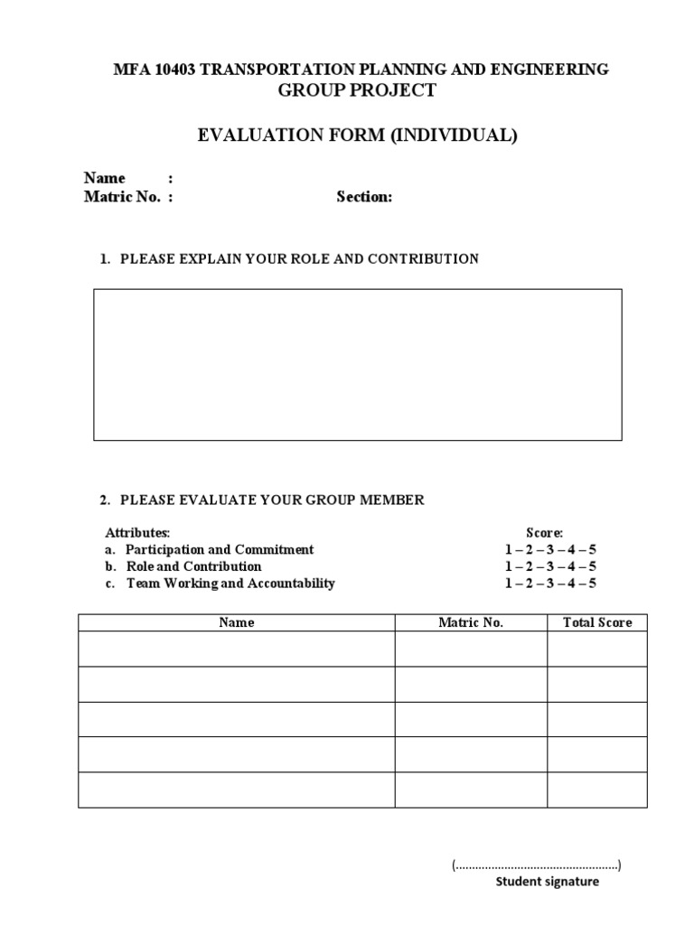Group Project Evaluation Form (Individual) : Mfa 10403 Transportation ...