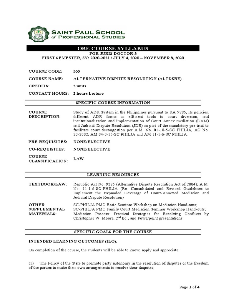 ADR Course Syllabus for JD-3 Students | PDF | Alternative Dispute ...