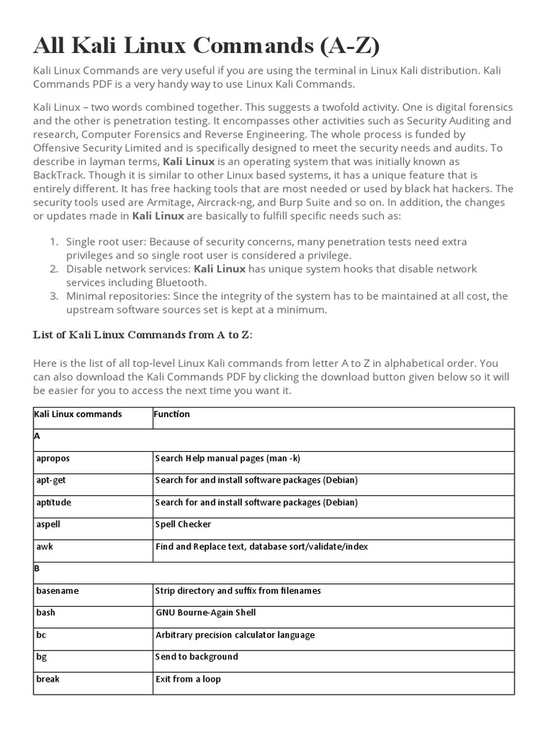 All Kali Linux Commands | PDF | Computer File | Computer Architecture