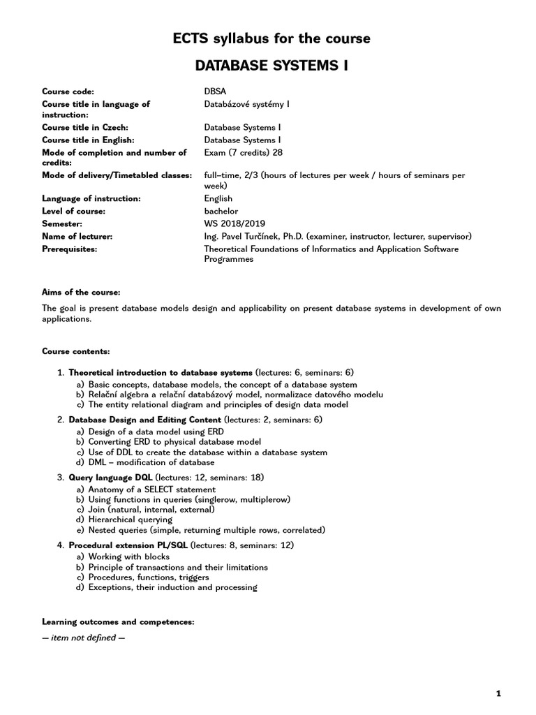 ECTS Syllabus For The Course Database Systems I: - Item Not Defined | PDF | Pl/Sql | Databases