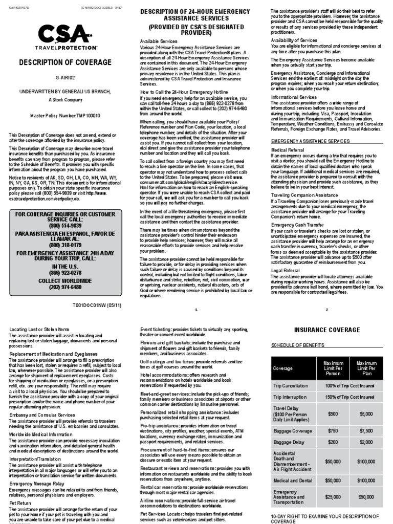 CSA Trip Insurance Policy PDF | PDF | Insurance | Hospital