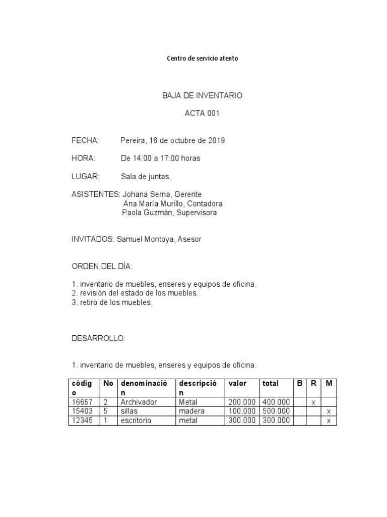 Acta Baja de Inventarios | PDF