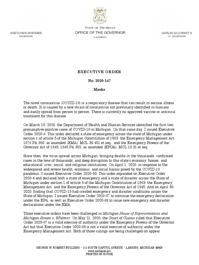 EO 2020-147 Emerg Order - Masks | PDF | State Of Emergency | Executive ...