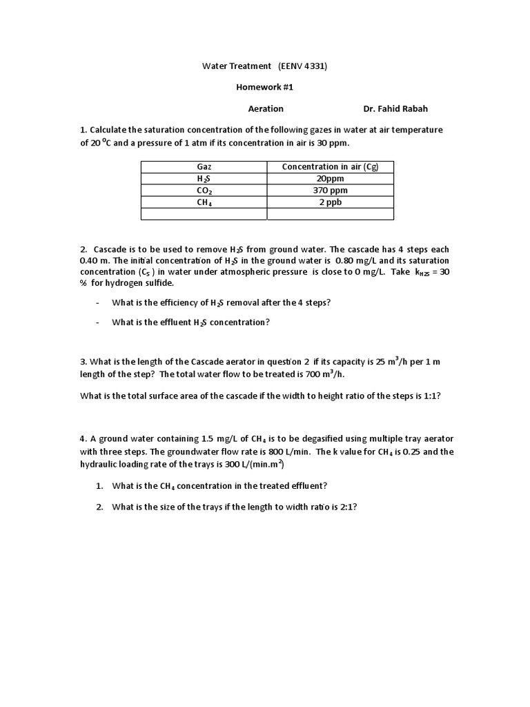 Water Treatment EENV4331 HWK 1 PDF | PDF