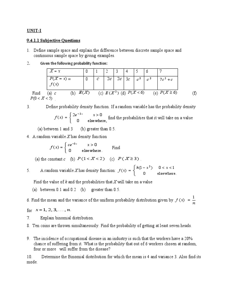 Unit-I 9.4.1.1 Subjective Questions: - Given The Following Probability ...