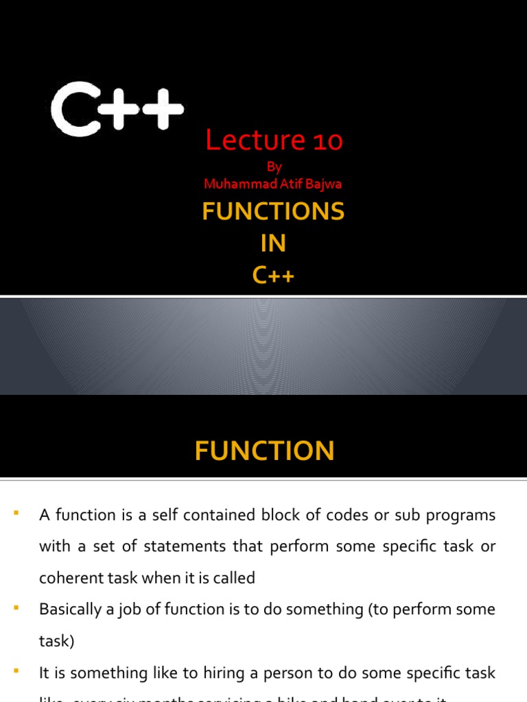 Functions IN C++: by Muhammad Atif Bajwa | PDF | Subroutine | Parameter (Computer Programming)
