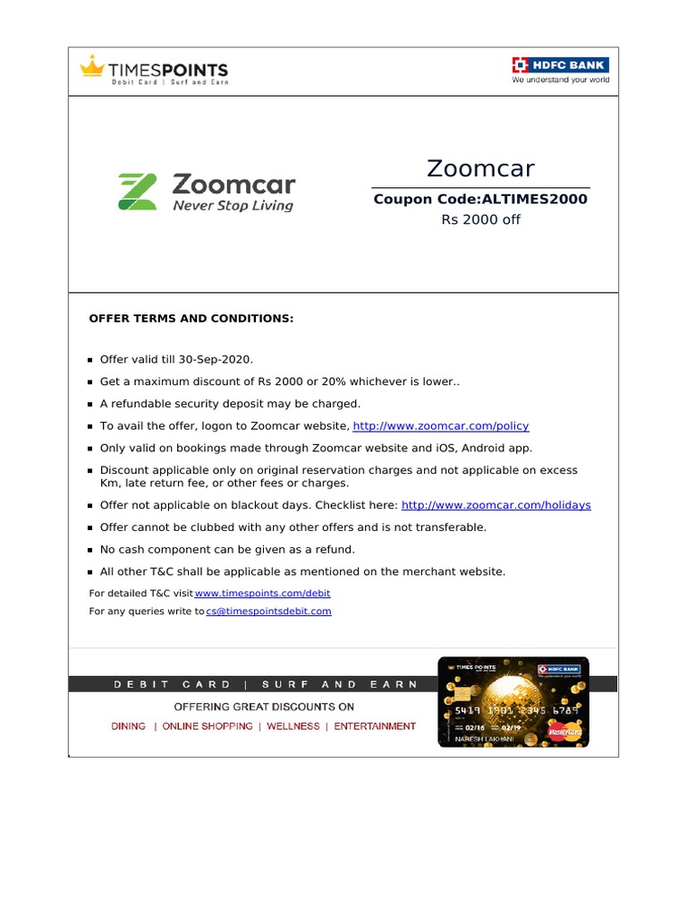 Zoomcar: Coupon Code:ALTIMES2000 | PDF | Coupon | Debit Card
