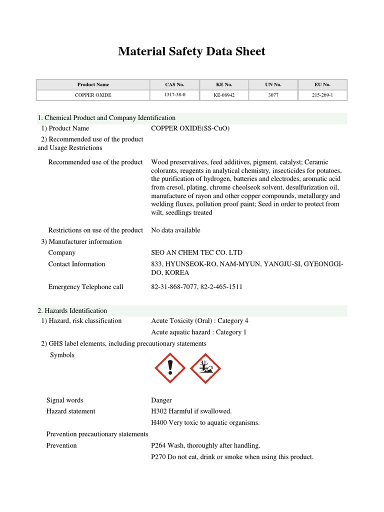 Copper Oxide - MSDS (English) PDF | Download Free PDF | Dangerous Goods ...