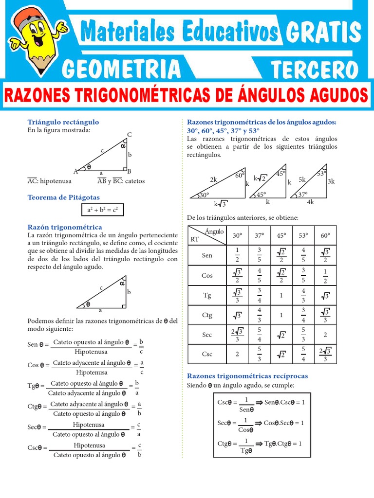 Razones Trigonométricas de Ángulos Agudos Recta para Tercer Grado de ...