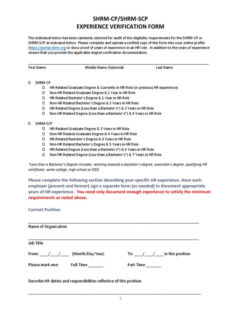 SHRM-CP/SHRM-SCP Experience Verification Form | PDF | Academic Degree ...