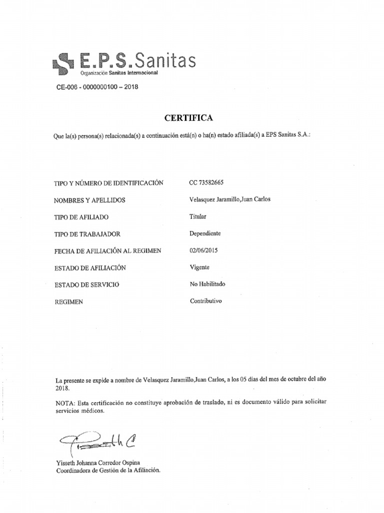 Certificado de Afiliacion Sanitas | PDF