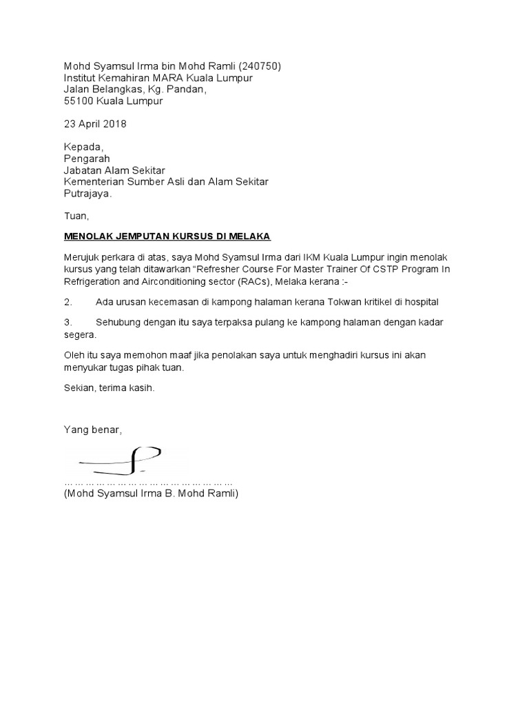 Surat Tolak Kursus | PDF