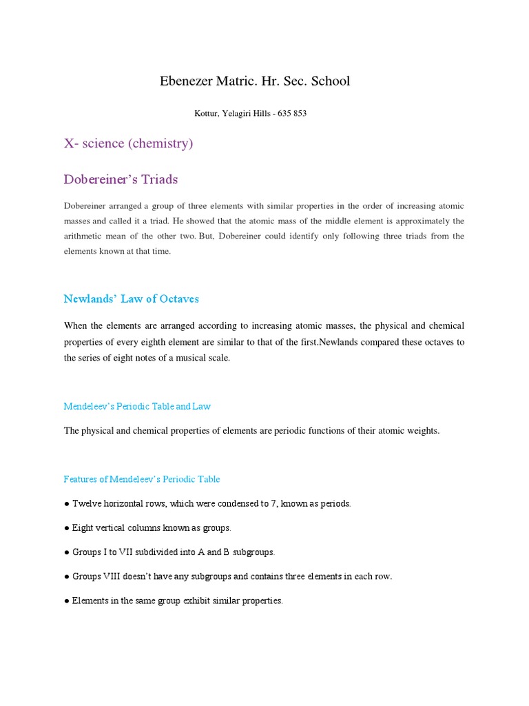 X-Science (Chemistry) Dobereiner's Triads: Ebenezer Matric. Hr. Sec ...