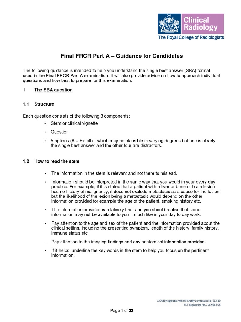 Final FRCR Part A - Guidance For Candidates: 1 The SBA Question | PDF ...