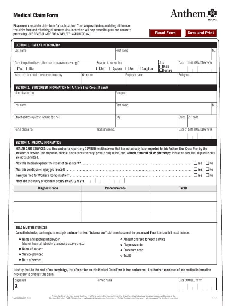 Anthem Medical Claim Form | PDF | Blue Cross Blue Shield Association ...