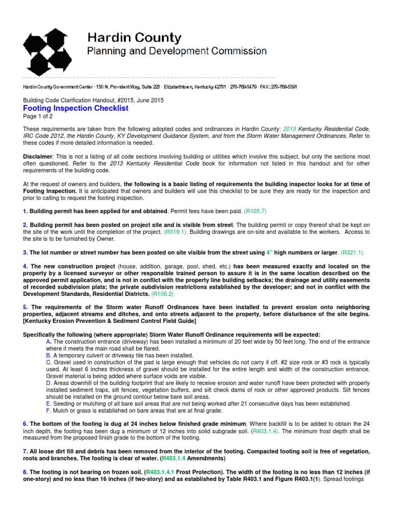 Footing Inspection Checklist | PDF | Surface Runoff | Concrete