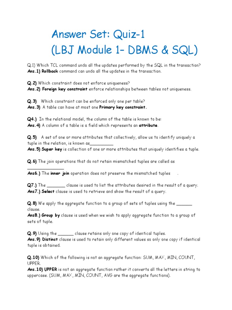 Answer Set: Quiz-1 (LBJ Module 1 - DBMS & SQL) | PDF