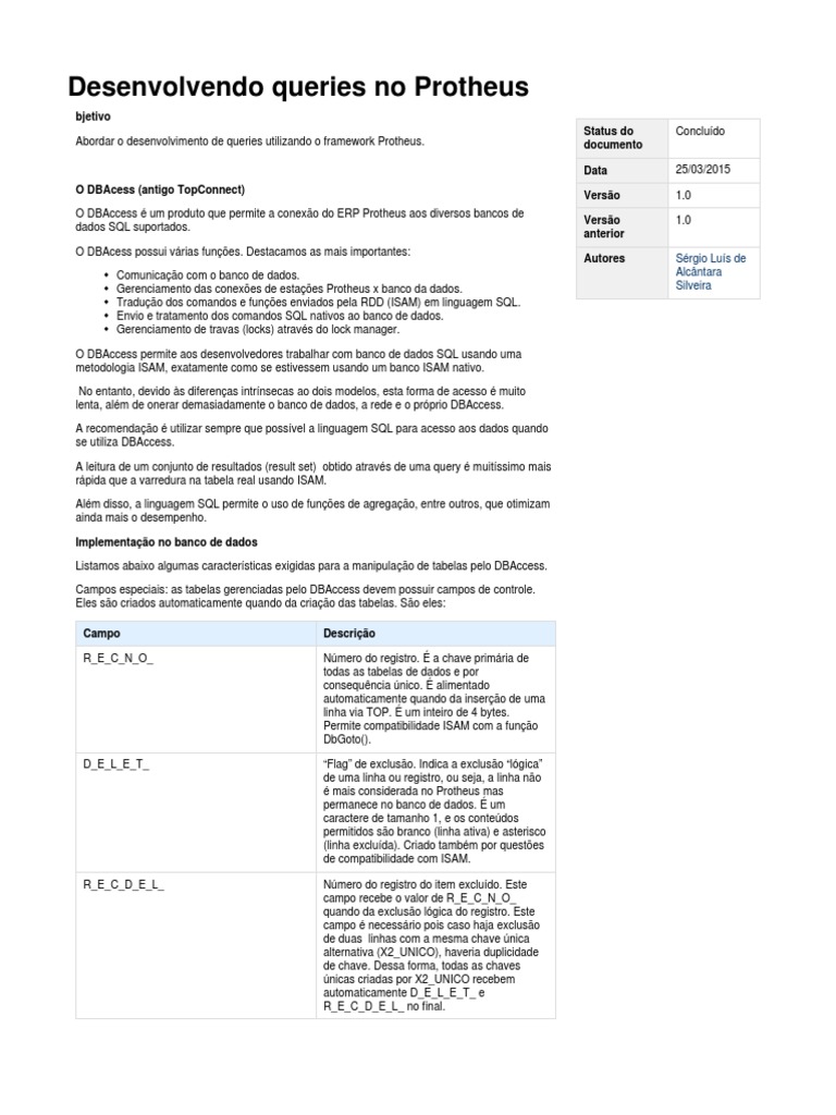 Desenvolvendo Queries No Protheus TDN PDF | PDF | SQL | Tabela (banco de dados)