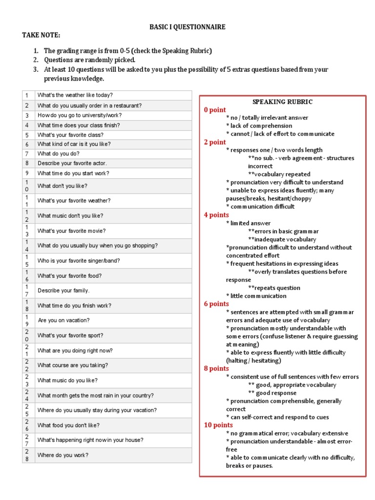 Basic I Speaking Questionnaire Guide | PDF | Vocabulary | Human ...