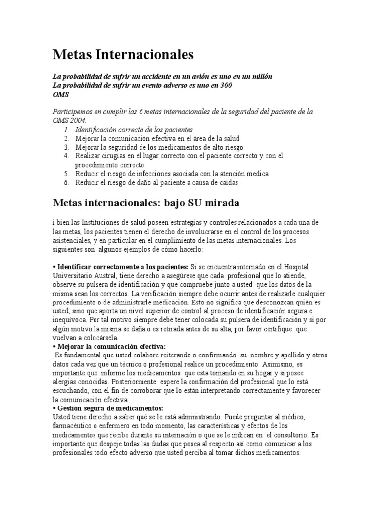 Metas Internacionales | PDF | Seguridad del paciente | Medicamentos con ...