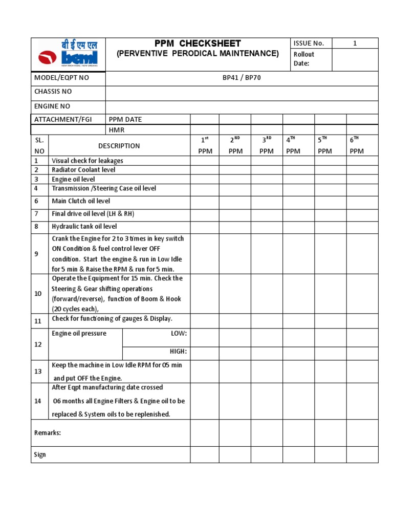 PPM Checklist for BP41/BP70 Equipment | PDF