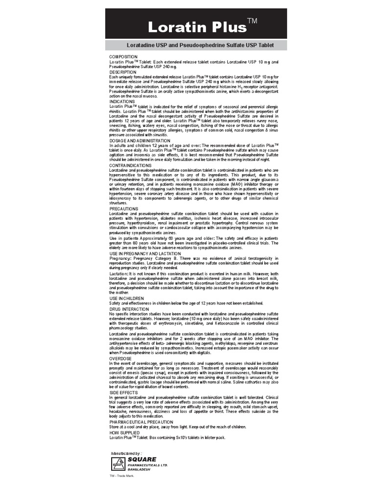Loratin Plus: Loratadine USP and Pseudoephedrine Sulfate USP Tablet ...