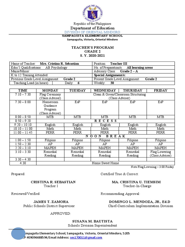 Department of Education: Teacher'S Program Grade 2 S. Y. 2020-2021 | PDF | Learning | Behavior ...
