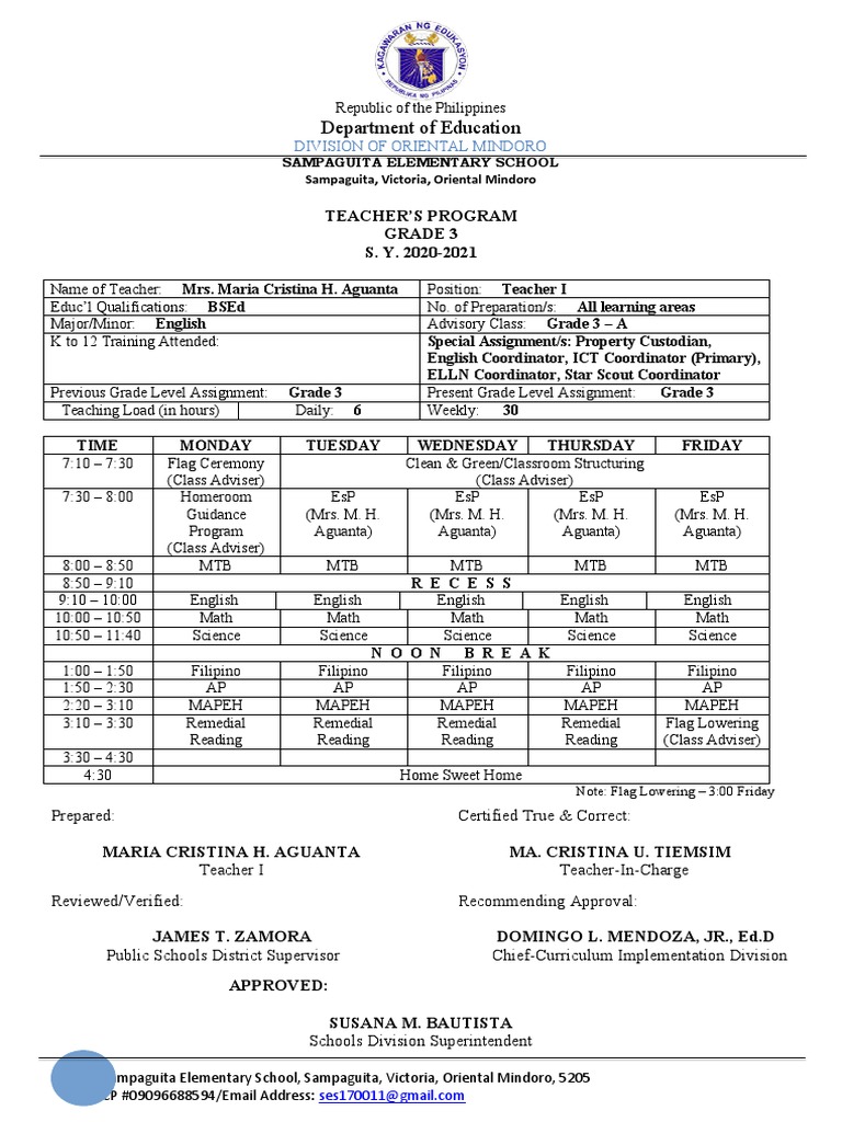 Department of Education: Teacher'S Program Grade 3 S. Y. 2020-2021 | PDF | Behavior Modification ...