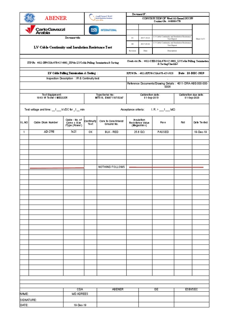 LV Cable TEST ON REEL | PDF | Quantity | Electrical Equipment
