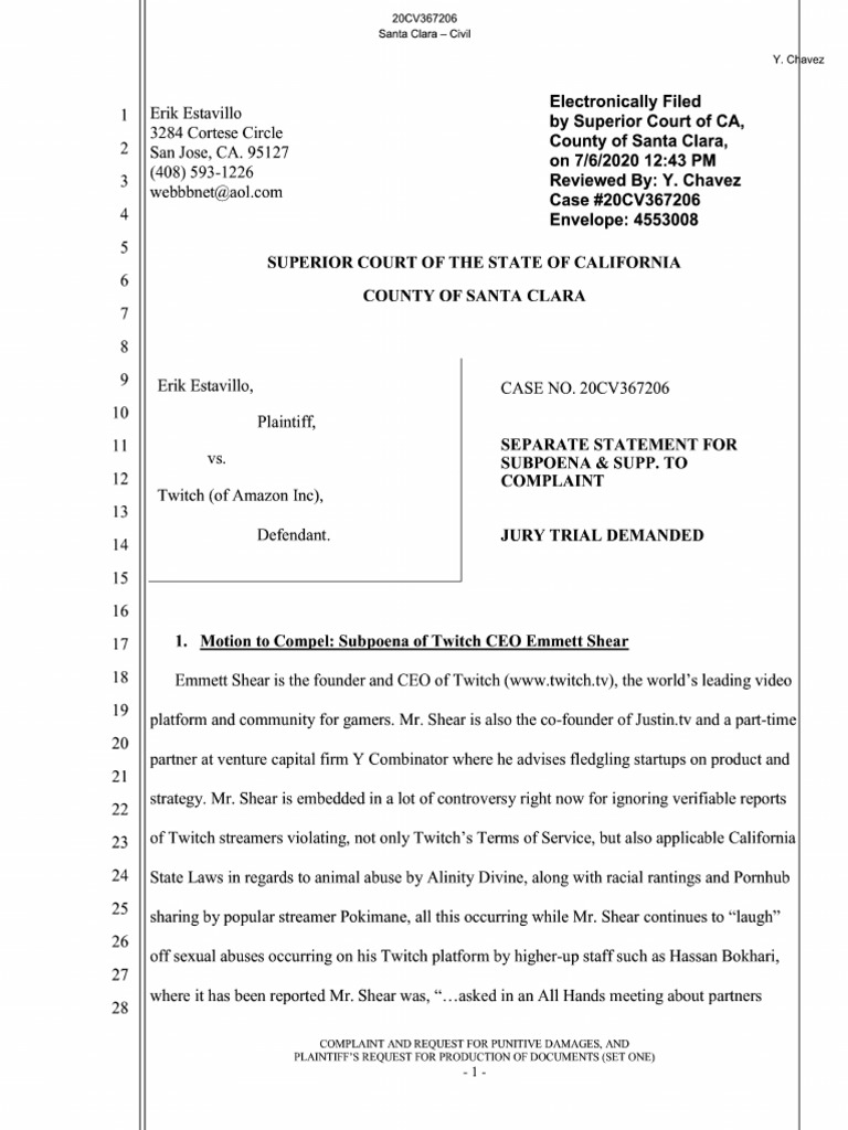 Erik Estavillo vs. Twitch (Of Amazon Inc) - Seperate Statement For ...