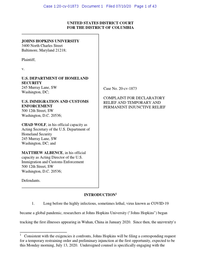 Hopkins Suit | PDF | Johns Hopkins University | Lawsuit