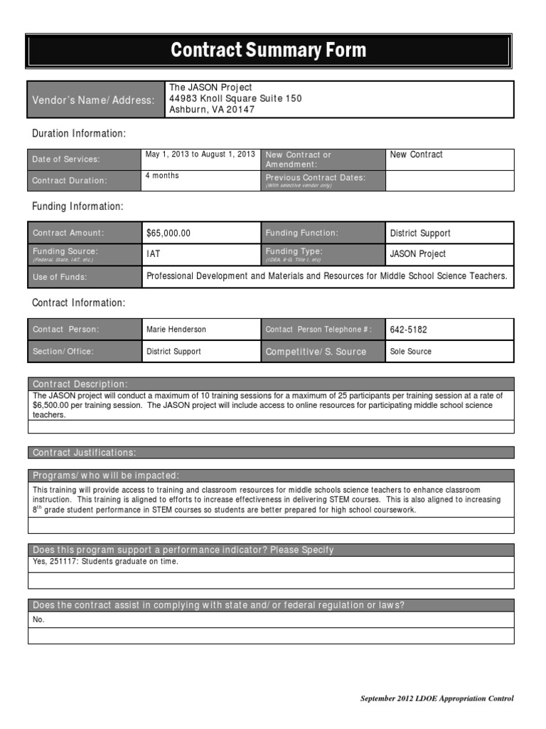 Contract Summary Form Template | Download Free PDF | Elementary And ...