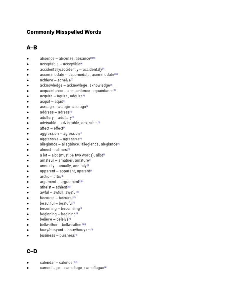 Commonly Misspelled Words | PDF | Language Arts & Discipline