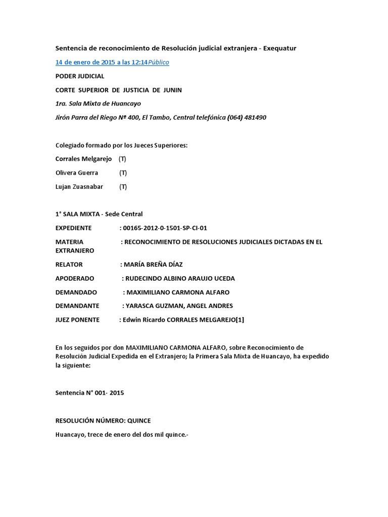 Exequatur: Reconocimiento de Sentencia Extranjera | PDF | Sentencia ...
