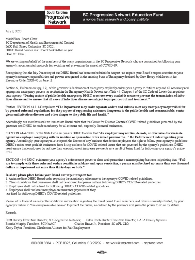 DHEC Board Covid 19 Letter 7-8-2020 | PDF | Emergency | Public Health