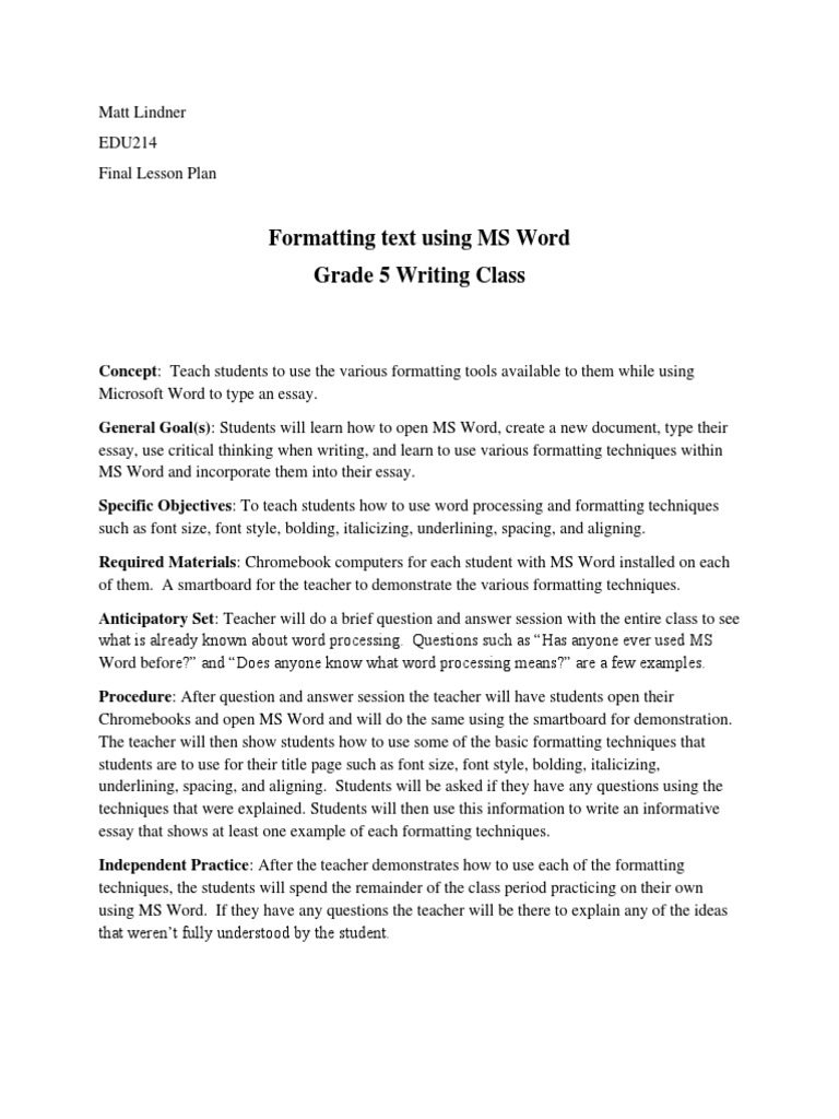 Formatting Text Using MS Word Grade 5 Writing Class | Download Free PDF ...