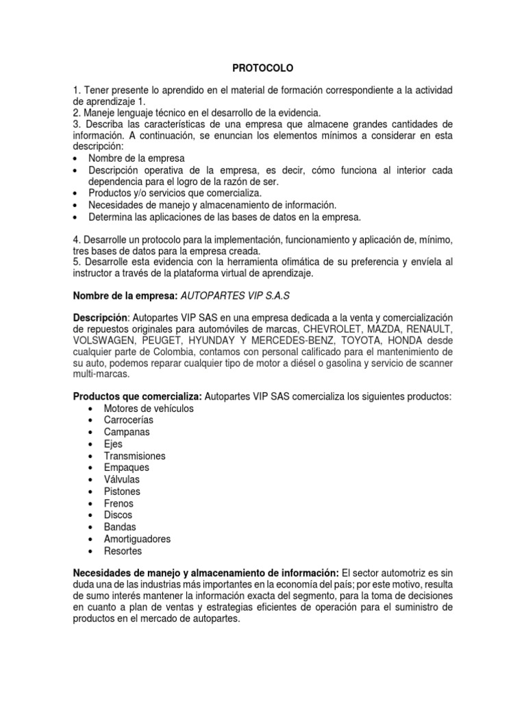 Protocolo Empresa Automotriz | PDF | Bases de datos | Coche