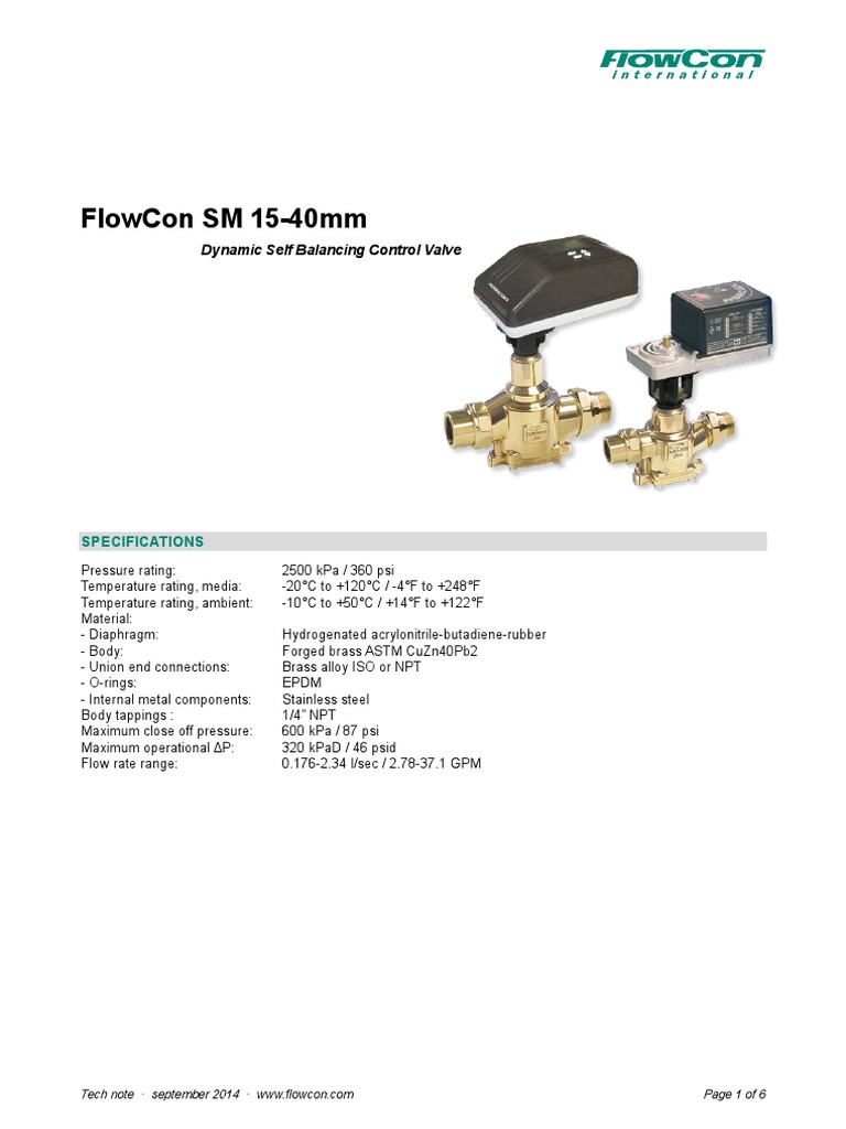 Flowcon SM 15-40Mm: Dynamic Self Balancing Control Valve | PDF | Valve | Actuator