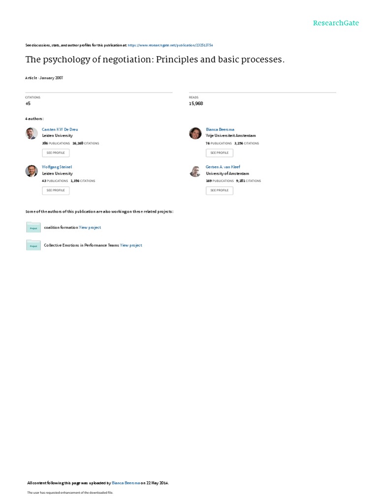 The Psychology of Negotiation Principles and Basic Processes. | PDF