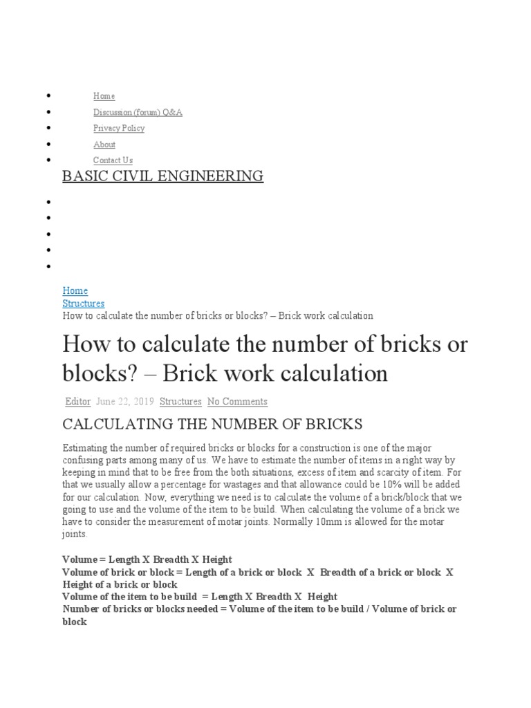 How To Calculate The Number of Bricks or Blocks? - Brick Work ...