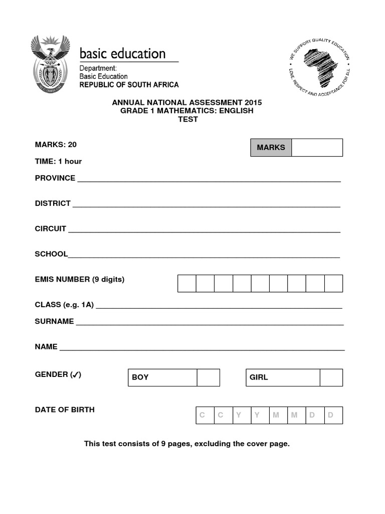 2015 Grade 1 Mathematics English Test PDF | PDF | Question | Teaching ...