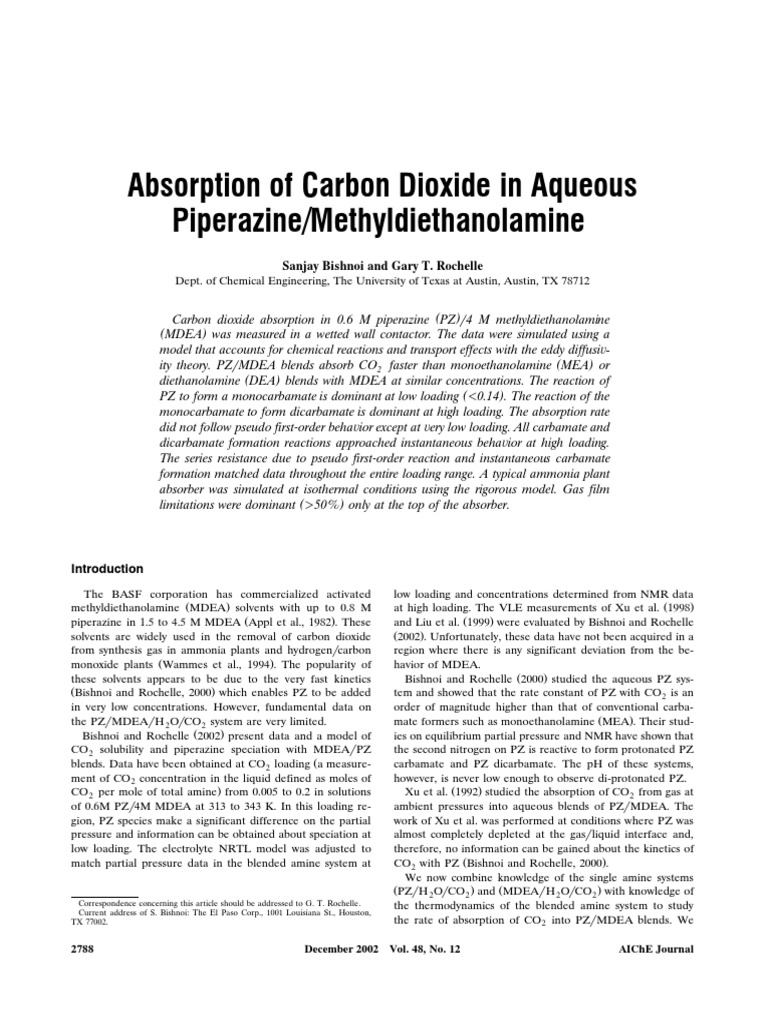 Absorption of Carbon Dioxide in Aqueous Piperazine-Methyldiethanolamine (Bishnoi & Rochelle ...